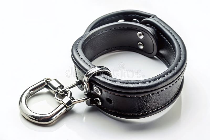 Closeup View of a Single Black Leather Handcuff Isolated Against a ...