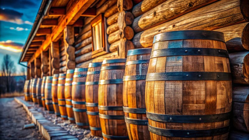 Closeup View of Stacked Barrels in a Rustic Log Cabin Interior a ...