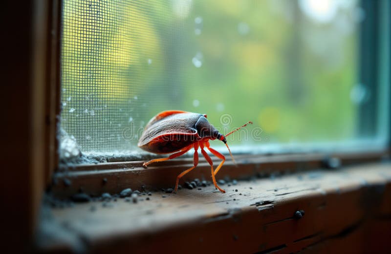 Closeup View of Stink Bug on Windowsill. Bug Brown with Red Markings ...