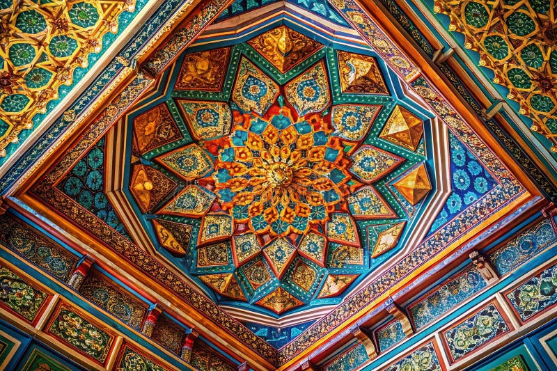Closeup View of a Stunning Ceilings Intricate Geometric Patterns a ...