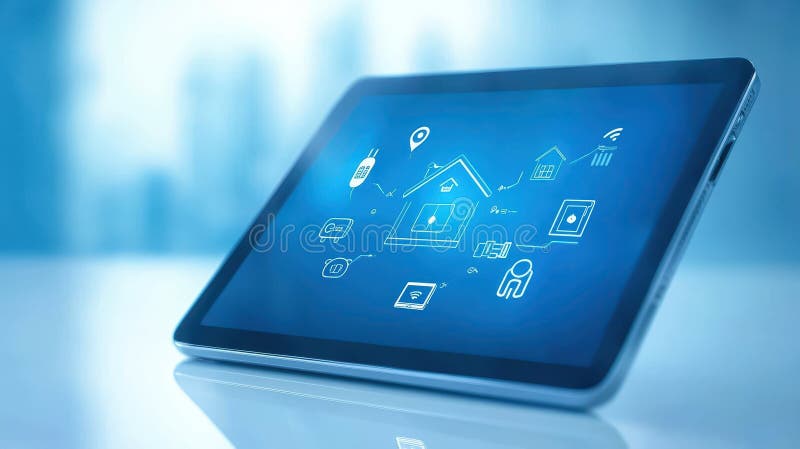 Closeup View of a Tablet Displaying Blue Screen with Various Icons ...