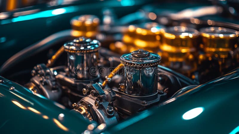 Closeup View of a Teal Car Engine with Shiny Chrome and Gold Details ...