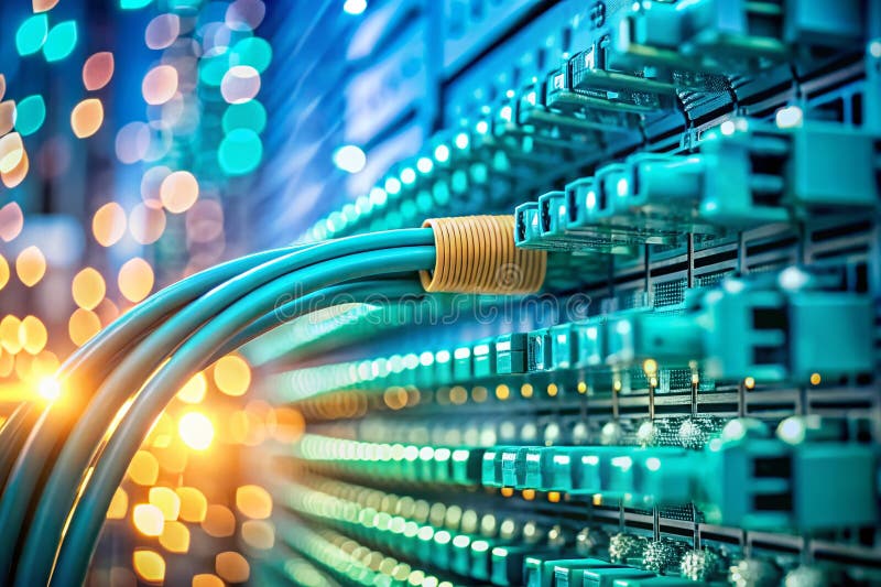Closeup View of Teal Fiber Optic Cables Connected To a Network Panel a ...