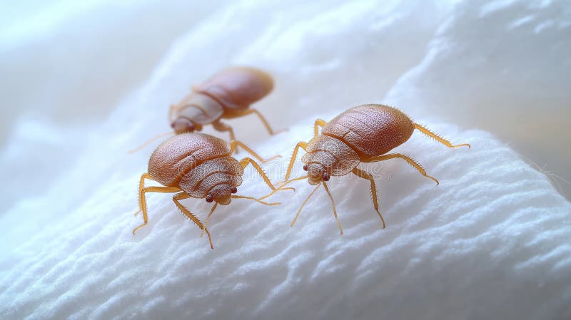 Closeup View of Three Bed Bugs Crawling on White Fabric. Pest ...