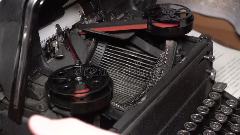 Closeup View of Typing Text Typewriter and Carriage Return Mans Hands ...