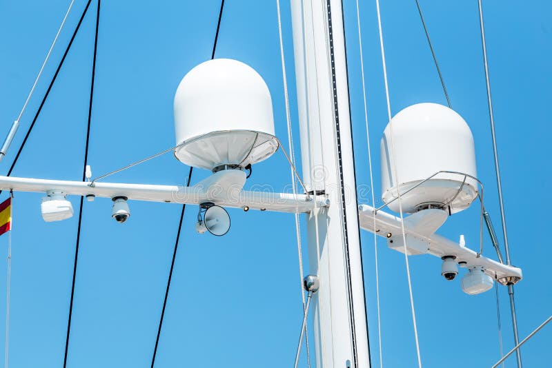 View of White Navigation Radar System Antennas of Big White Yacht Stock ...