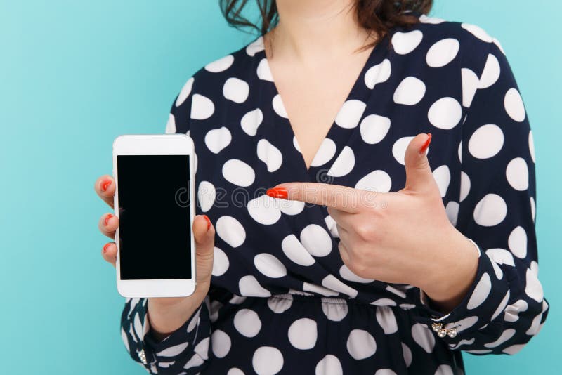 Closeup View of White Phone in Woman`s Hand. Pointing on the Mobile ...