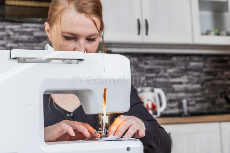 Closeup View of Woman Sewing at Home Stock Photo - Image of cloth, hand ...