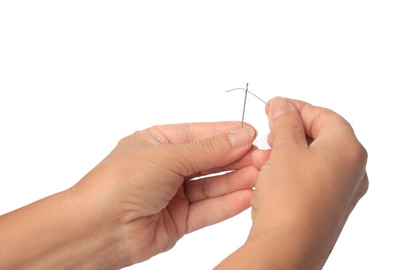 Closeup View of Woman Threading Needle on White Background Stock Photo ...