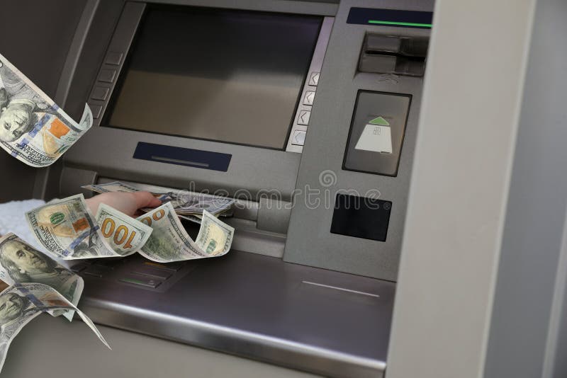 Closeup View of Woman Using Cash Machine and Flying Money Stock Photo ...