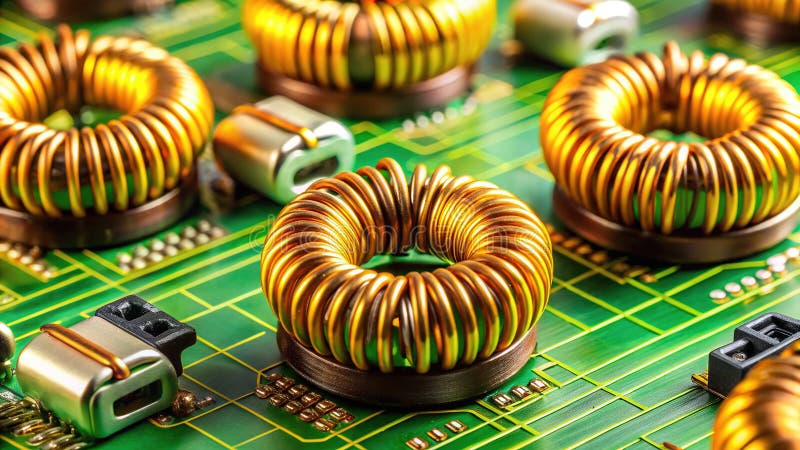 Closeup View of Yellow Ferrite Toroidal Inductors on a Green Printed ...