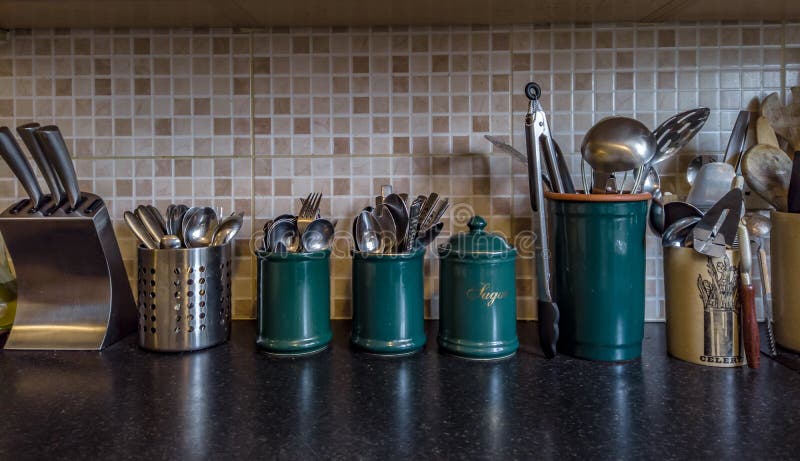 Closeup of Vintage Kitchen Utensils and Containers on the Counter Stock ...
