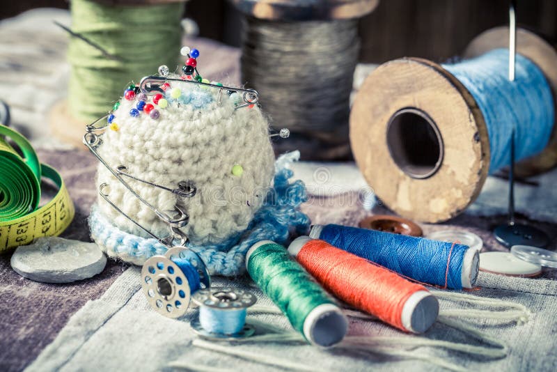 Vintage Needle, Threads and Scissors in Tailor Workshop Stock Image ...