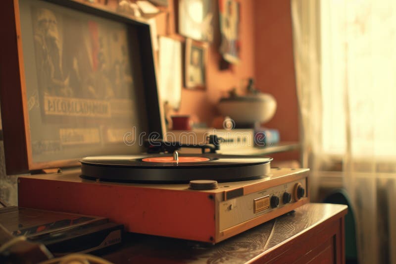Closeup of a Vintage Record Player Turntable Inside a Cozy Room Stock ...