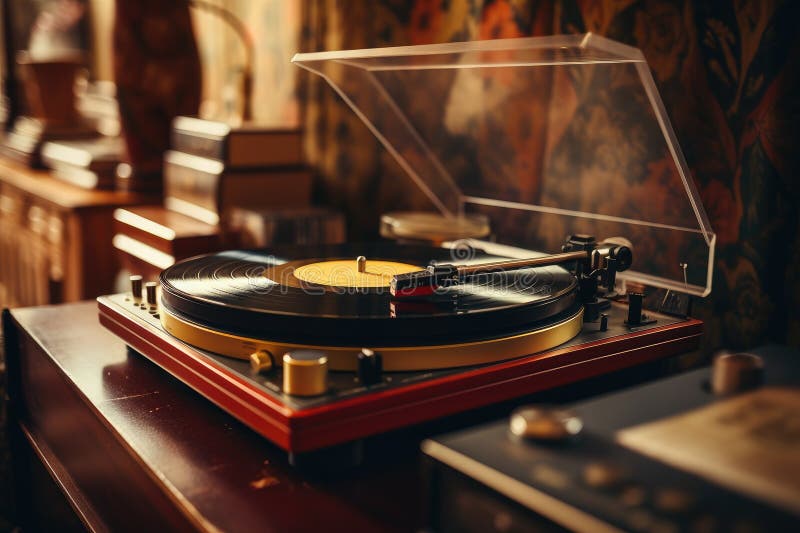 Closeup of a Vintage Record Player Turntable Inside a Cozy Room Stock ...