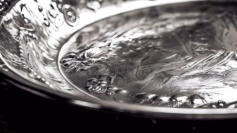 Closeup of Vintage Silver Flat Bowls with Patterns on Dark Surface ...