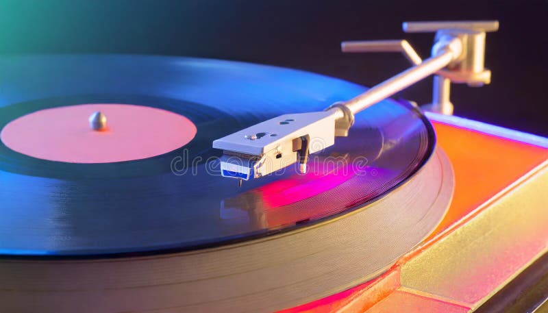 Closeup on Vinyl Record on Record Player with Tonearm Stock ...
