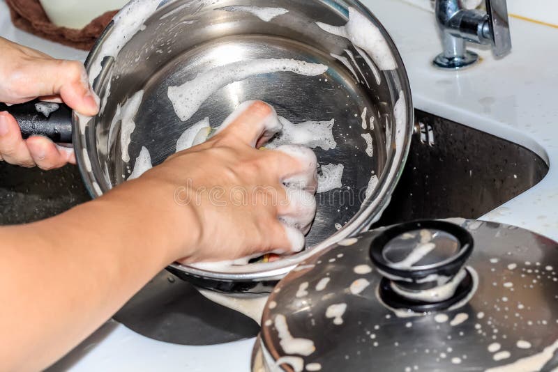 Closeup Washing Frying Pan Pot in the Sink Stock Image - Image of aqua ...