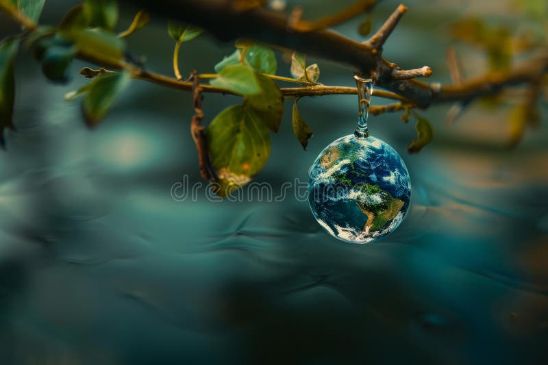 Earth Reflection in Water Drop Hanging on Branch Stock Photo - Image of ...