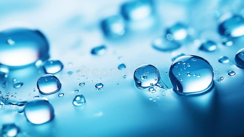 Closeup of Water Drops Sliding on Wet Surface. Blue Background Stock ...