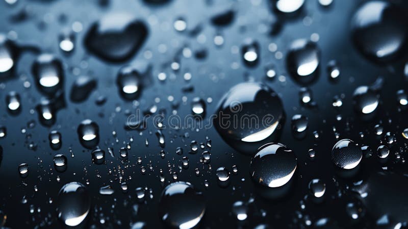 Closeup of Water Drops Sliding on Wet Surface. Dark Black Background ...