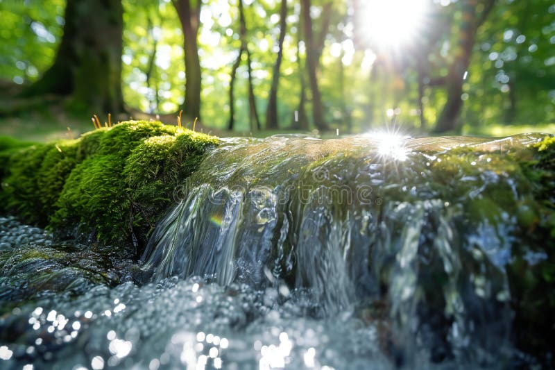 A Closeup of the Water Flowing Over Moss-covered Rocks, with Sunlight ...