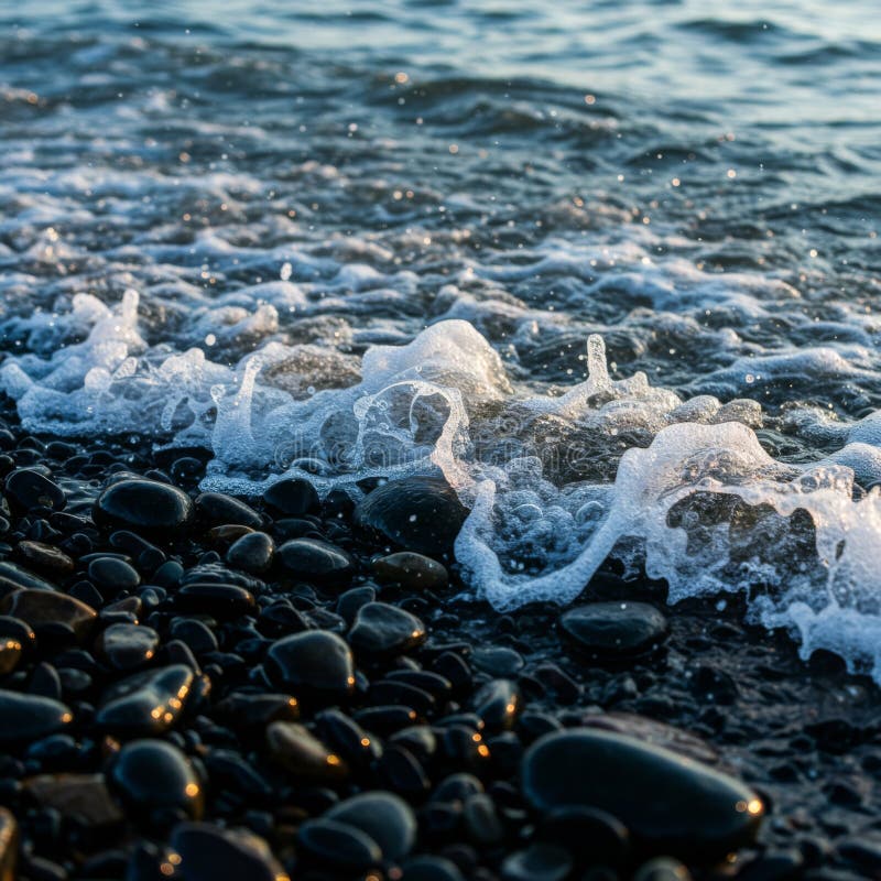 Closeup of Waves Crashing on Dark Pebbles Beach Stock Illustration ...