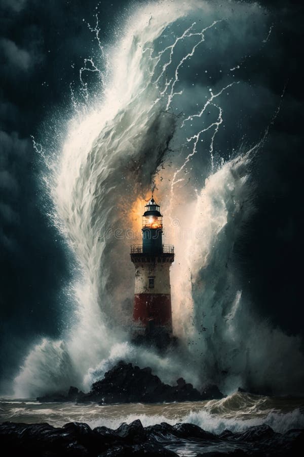 Closeup of a Weathered Lighthouse, a Massive Splash, an Explosion of ...