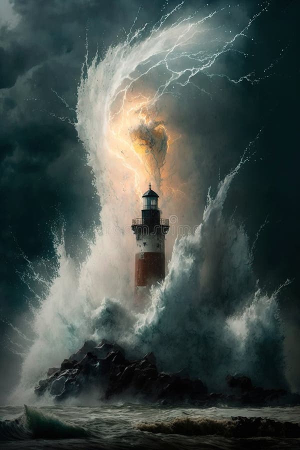 Closeup of a Weathered Lighthouse, a Massive Splash, an Explosion of ...