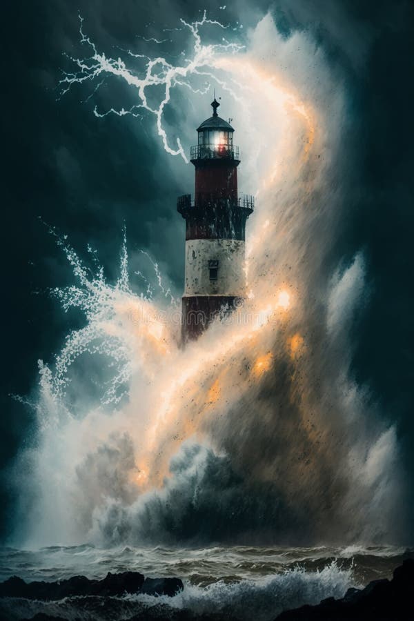 Closeup of a Weathered Lighthouse, a Massive Splash, an Explosion of ...