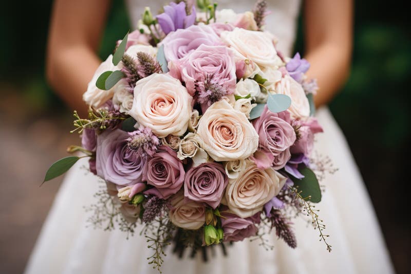 Closeup of a Wedding Bouquet with White and Lilac Roses in the Hands of ...