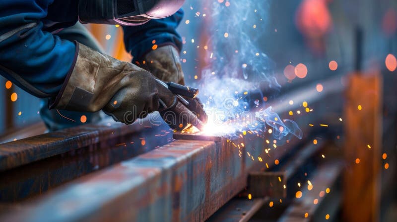 A Closeup of a Welder Carefully Joining Two Steel Beams Adding ...