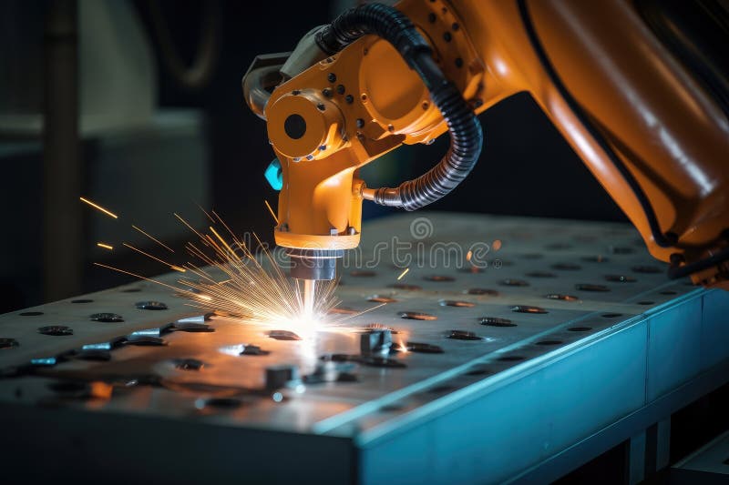 Closeup of a Welding Robot Arm, Performing Precise Welds on Metal ... Closeup of a Welding Robot Arm, Performing Precise Welds on Metal ...