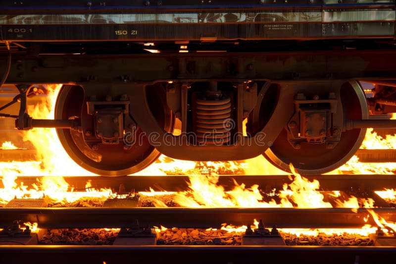 Closeup of Wheels on Fire Under a Stationary Train Compartment Stock ...