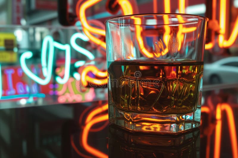 Closeup of Whisky, Reflection of Neon Signs on Glass Stock Photo ...