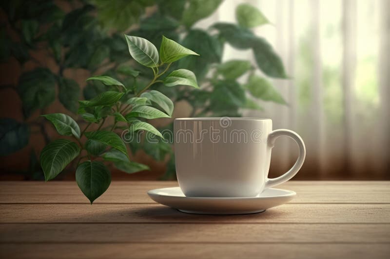 Closeup White Cup of Coffee with Small Trees and Green Leaf on Wooden ...