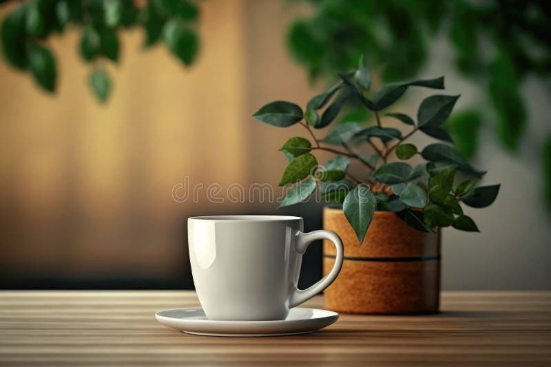 Closeup White Cup of Coffee with Small Trees and Green Leaf on Wooden ...