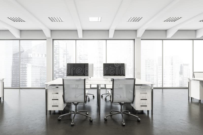 Closeup of White Office Space with Desks and Panoramic Windows Stock ...