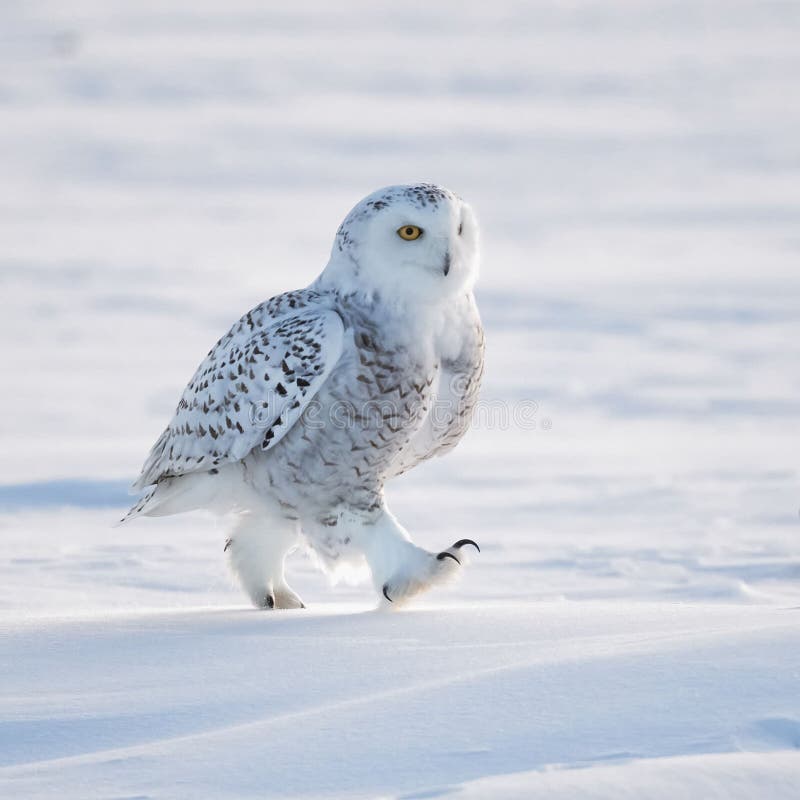 Closeup of a White Owl Walking on Snow in Winter Stock Photo - Image of ...