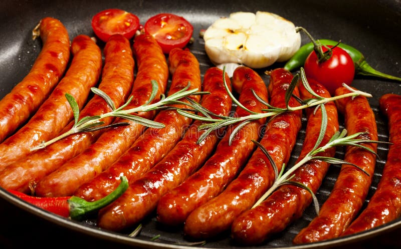Wiener Sausages in a Pan on Wooden Background Stock Image - Image of ...