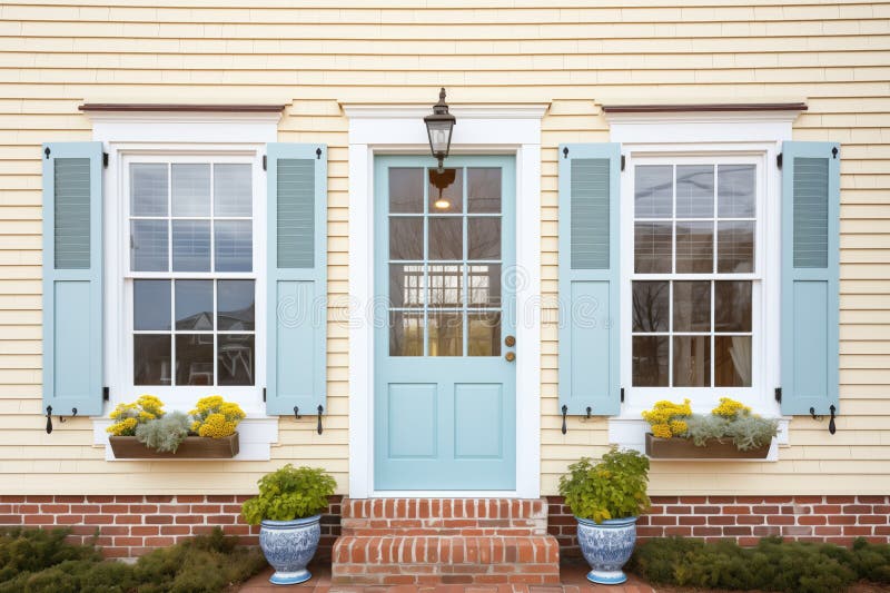Closeup of Windows with Shutters on Brick Cape Cod House Stock Image ...