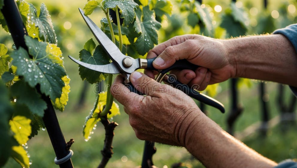 Closeup of Winemaker Hands Pruning Grape Vines Using Secateurs in Vineyard during Sunny Day ...