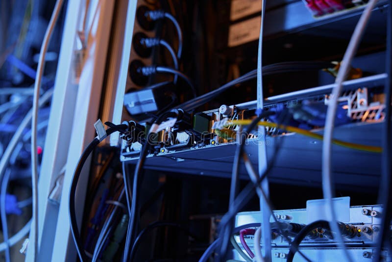 Closeup Wires and Cables in Dark Server Room Stock Photo - Image of ...