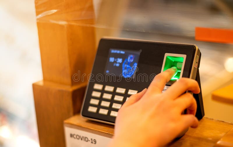 Closeup Woman Employee Using Biometric Fingerprint Machine for ...