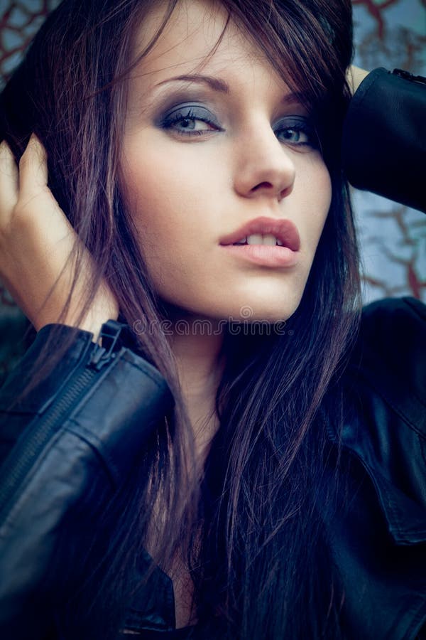 Closeup Woman Face Portrait with Hands on Head Stock Photo - Image of ...