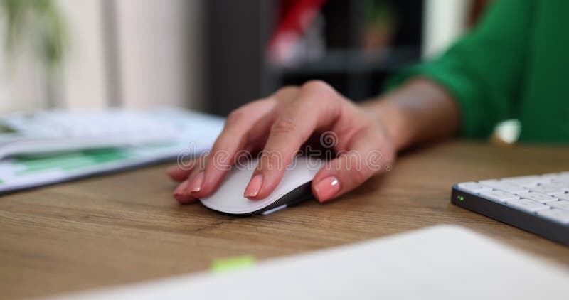 Closeup of Woman Hand Holding a Mouse and Working with Desktop Computer ...