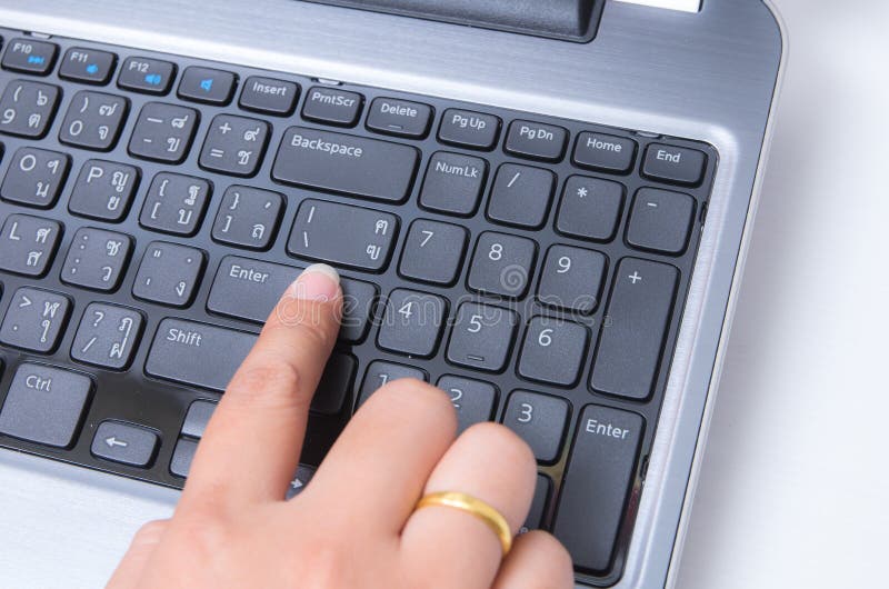 Closeup Woman Hand Touch Enter Key Stock Photo - Image of technology ...