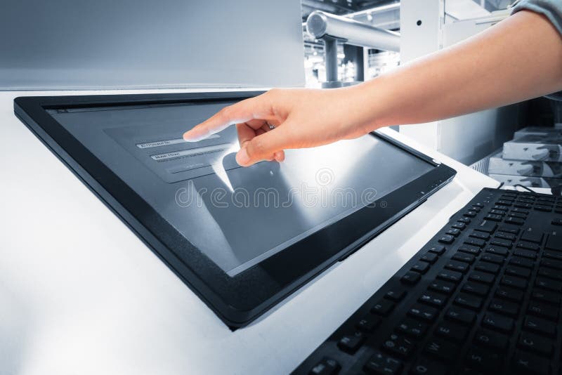 Closeup of Woman Hand is Touching Interactive Screen Monitor for Typing ...