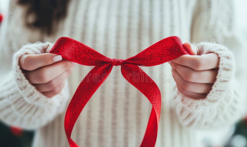Closeup of Woman Hands Holding Red Ribbon Bow Stock Illustration ...
