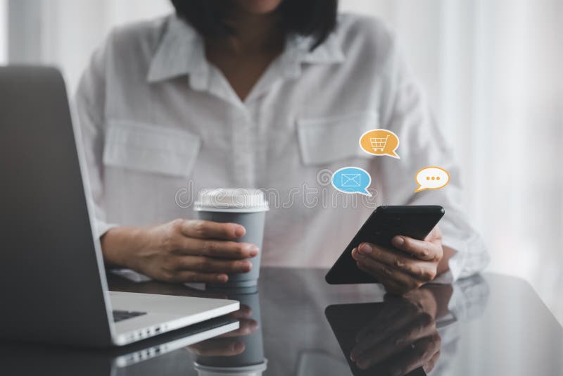 Closeup Woman Hands Using Smart Phone with Message Icon As Chatting ...